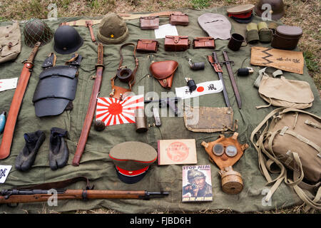 WW2 weapons laid on display at a re-enactment. Bren gun in foreground ...