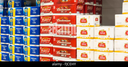 Boxes of cheap alcohol, lager and beer, in Morrisons supermarket. UK ...