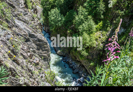 Inguri river gorge next to the road from Mestia town to Ushguli ...