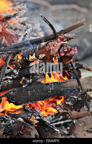 Cremation fire at the bank of holy Ganges river. Varanasi, India Stock ...