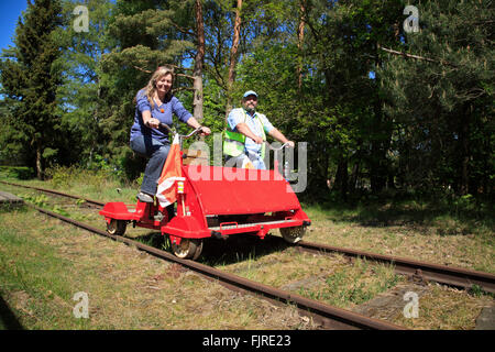 Draisine for tourists in Alt Garge near Bleckede / Elbe, Lower Saxony ...