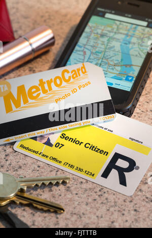 Still life of MTA senior reduced fare MetroCard and select bus service ...