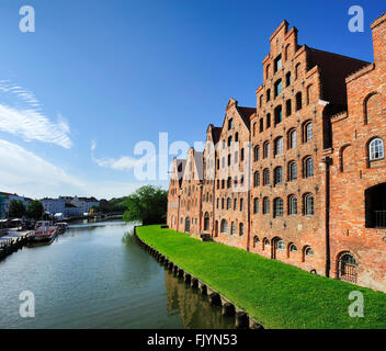 Historic salt storehouses (Salzspeicher) on the river Trave in Luebeck ...