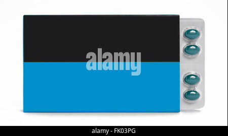 Medical pill box with blue label icon in cartoon style on a white ...