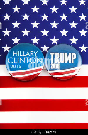 A Trump 2016 pin badge over the US flag symbolising Donald Trump’s ...