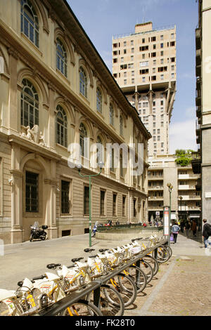 Milan, Italy Torre Velasca skyscraper ground view during renovation.Low ...