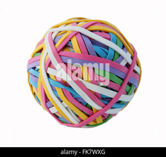 Many colourful multi coloured elastic rubber bands on white background ...
