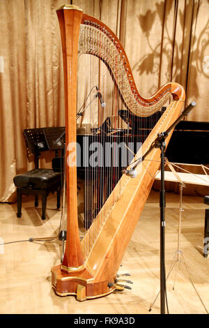 Beautiful golden harp in the auditorium before concert Stock Photo - Alamy