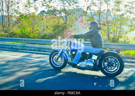 Man riding Harley Davidson motorcycle on suburban street Stock Photo ...