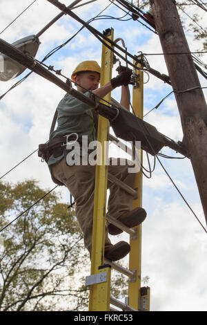 Cable lineman climbing a ladder to repair transmission line Stock Photo ...