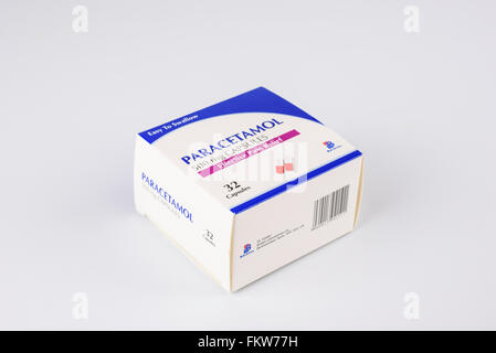 Packet of 500mg Paracetamol capsules against a white background Stock ...