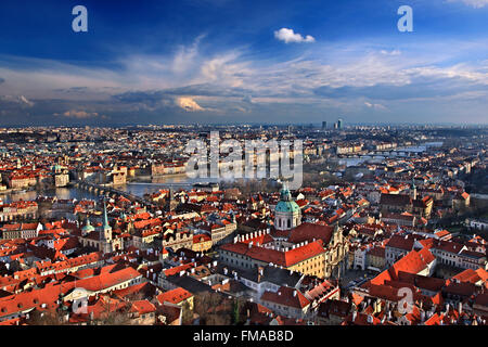 Panoramic view of river Vltava and Prague bridges at dusk. Scenic view ...