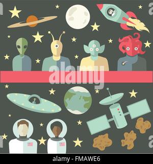 Astronaut on alien planet and flying spaceship. Cosmonaut and shuttle ...