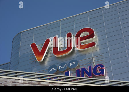 Vue cinema sign, logo mounted on aluminium rainscreen cladding, at the ...