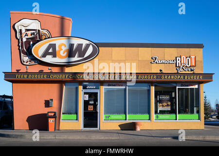 Canadian A&W burger joint, fast food outlet with two people waiting in ...