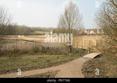 New wooden pedestrian access bridge over wetland nature reserve Stock ...
