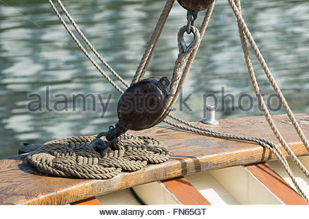 close up of pulley system on old fishing boat Eden Harbour, Eden South ...
