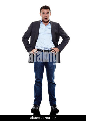 Back view of shocked business man with suitcase looking up. Rear view ...