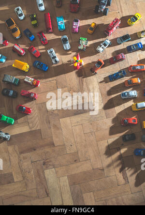 Overhead view of toy cars on toy road Stock Photo - Alamy