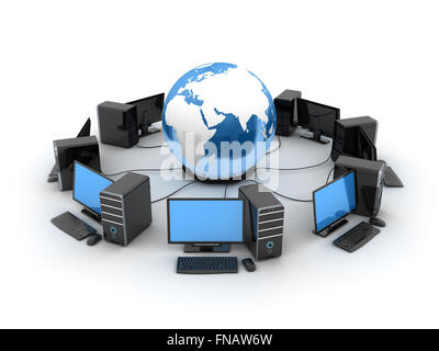 Earth and computers (done in 3d, on white background Stock Photo - Alamy