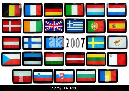 The flags of the EU member states are displayed with the EU flag on a ...