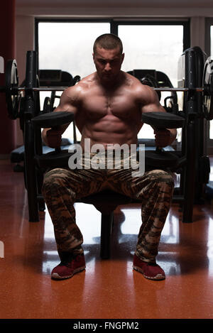 Bodybuilder Working Out Shoulders - Dumbbell Concentration Curls Stock ...