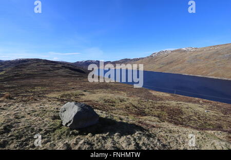Elevated view of Loch Lednock reservoir and dam Glen Lednock Scotland ...