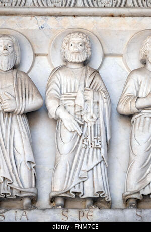Bas-relief in stone representing The Pity of Michelangelo. Faces of ...
