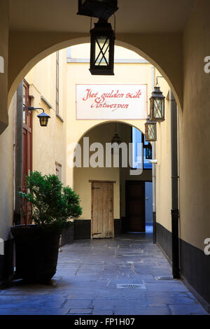 The medieval alley named "Vlaeykensgang" (1591) in Antwerp, Belgium ...