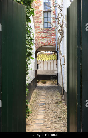 The medieval alley named "Vlaeykensgang" (1591) in Antwerp, Belgium ...
