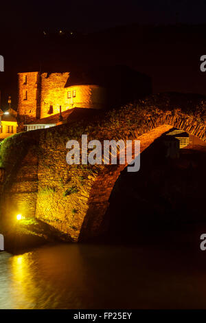 Medieval bridge and castle of Navia de Suarna (Ancares). Ancares is a ...
