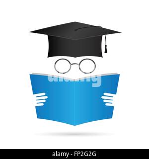 blue open book with graduation cap or mortar board. Isolated on white ...