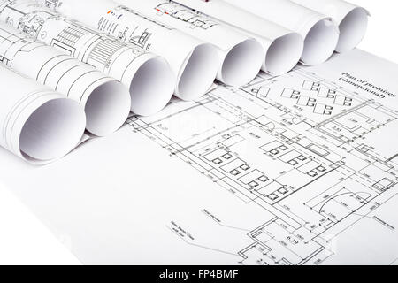Blueprints and rolls of blueprints, side view. Building concept Stock ...