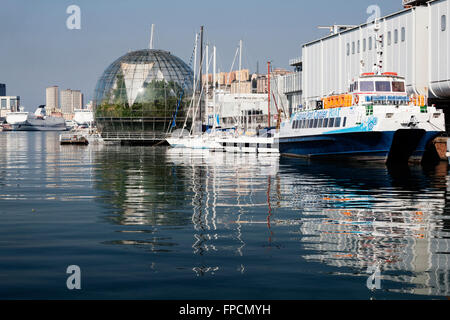 An exterior view of Genoa Biosphere. designed by Renzo Piano. Also ...