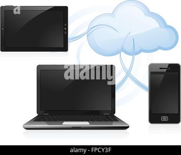 Laptop and computer with cloud computing in black and white Stock ...
