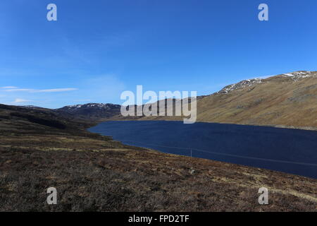 Elevated view of Loch Lednock reservoir and dam Glen Lednock Scotland ...