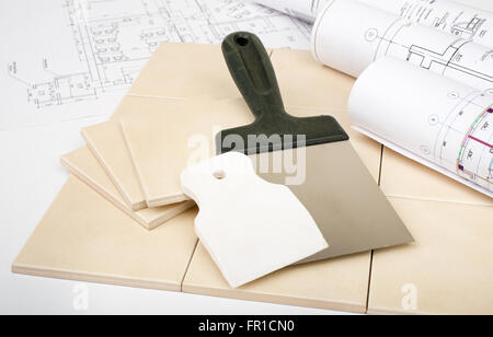 Set of tiles with blueprints Stock Photo - Alamy