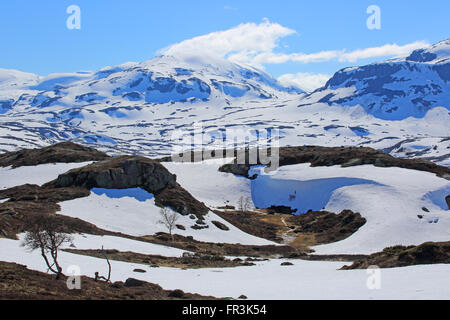 Spring valley landscape with mountains and melting snow, Norway Stock ...