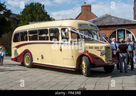 Headlamps and radiator grill of a 1951 Bedford OB vintage motor coach ...
