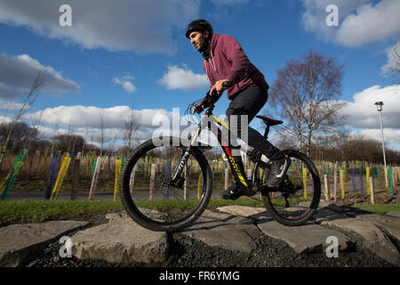 Cyclists using Cuningar Loop woodland park, in Rutherglen, Glasgow ...