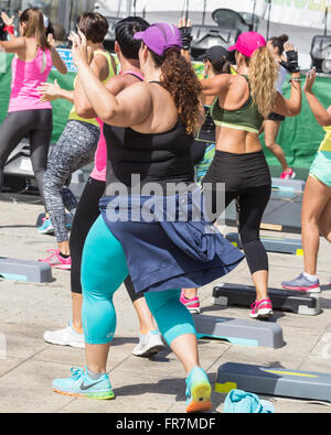 Large woman at outdoors Zumba aerobics exercise class in Spain Stock ...