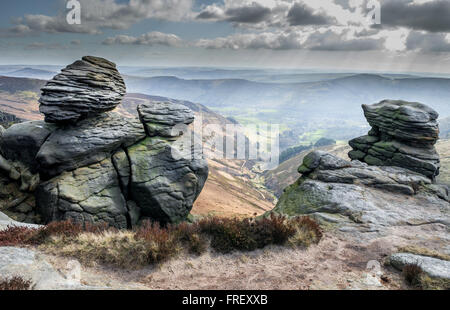 Gritstone rock (siliceous sandstone) on moorland on Kinder Scout ...