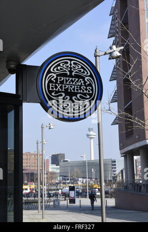 Signage at Pizza Express Liverpool Kings Waterfront, 16 Monarch Quay ...