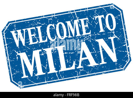 Milan blue square grunge welcome isolated stamp Stock Photo - Alamy
