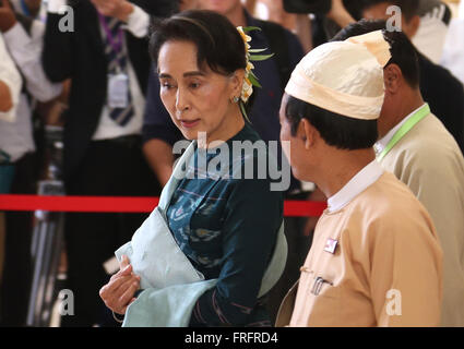 Myanmar's President-elect Win Myint, left, with leader Aung San Suu Kyi ...