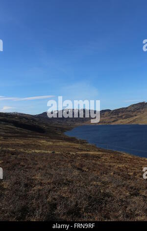 Elevated view of Loch Lednock reservoir and dam Glen Lednock Scotland ...