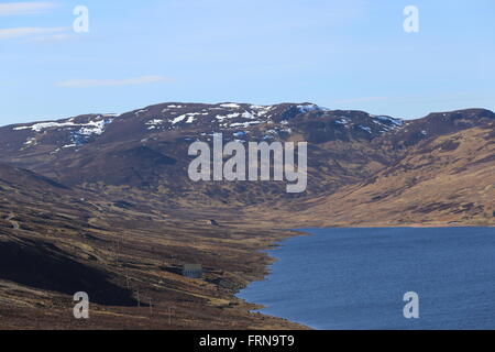 Elevated view of Loch Lednock reservoir and dam Glen Lednock Scotland ...