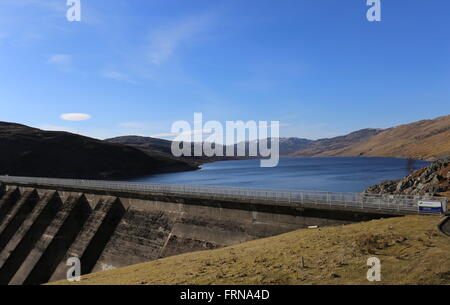 Elevated view of Loch Lednock reservoir and dam Glen Lednock Scotland ...