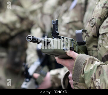 A soldier holding a SA80 rifle at a British "Army Air Corps ...