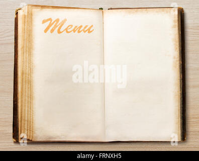 Open blank vintage menu book on background Stock Photo - Alamy